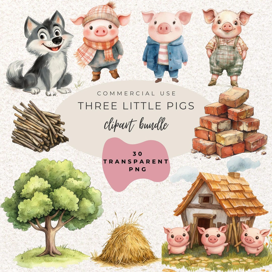 Three Little Pig Nursery Rhyme Watercolour Clipart PNG (digital ...
