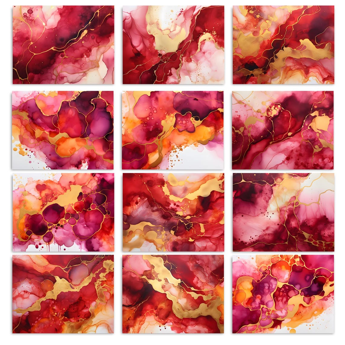 Ruby Red Gold Alcohol Ink Watercolor Illustration (digital Download 12 ...