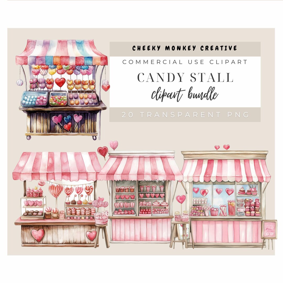 Cute Valentines Candy Shop Clipart, Red and White Watercolor Candy ...