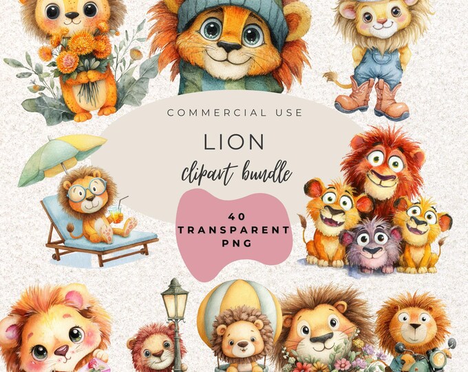 Set of 18, Watercolor Lion Clipart, Lion PNG, Boho Lion Set, Watercolor ...