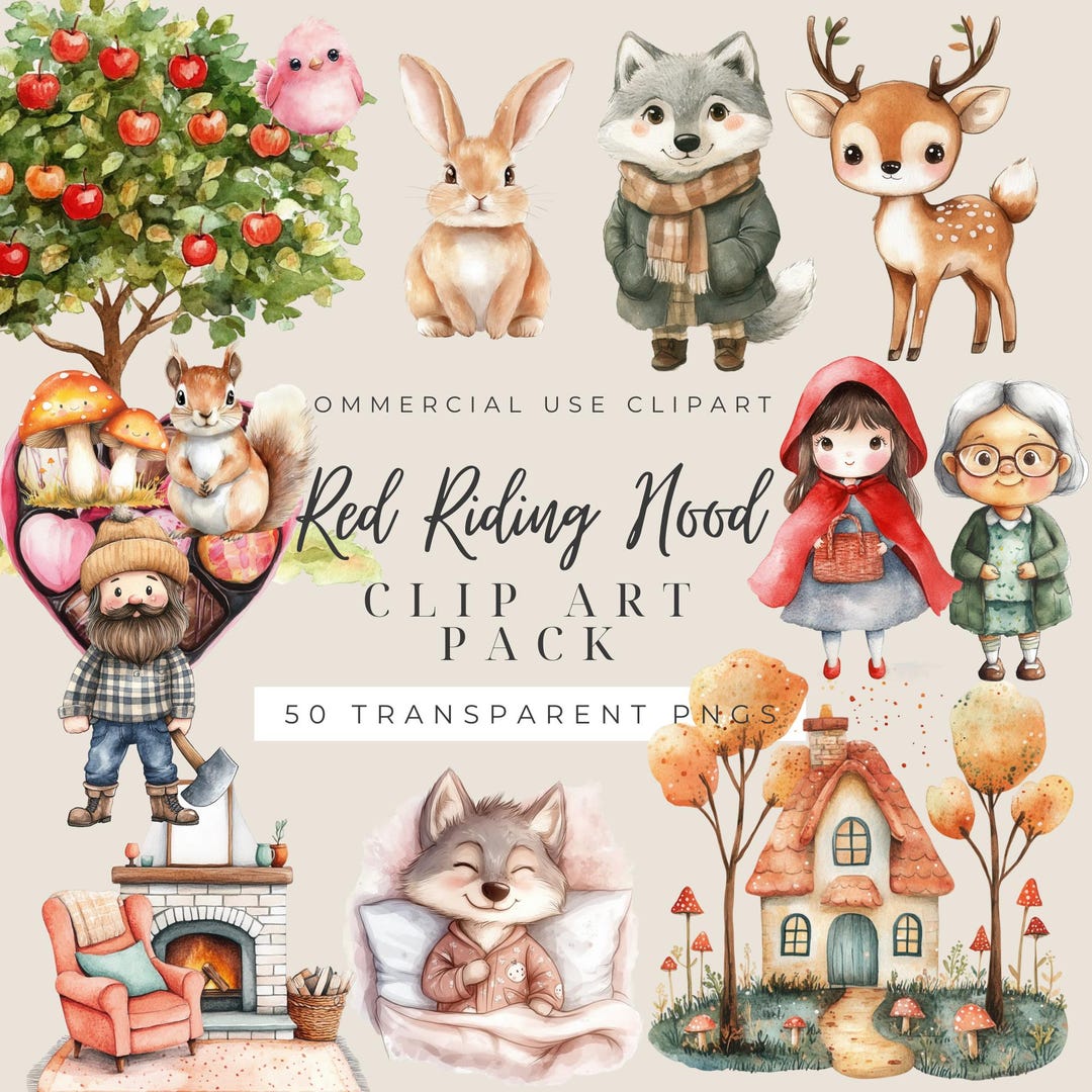 Little Red Riding Hood Clipart, Fairy Tale Clip Art, Watercolour, Cute ...