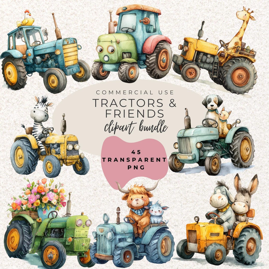 Tractor and Animal Friends Watercolour Clipart PNG (digital Download ...