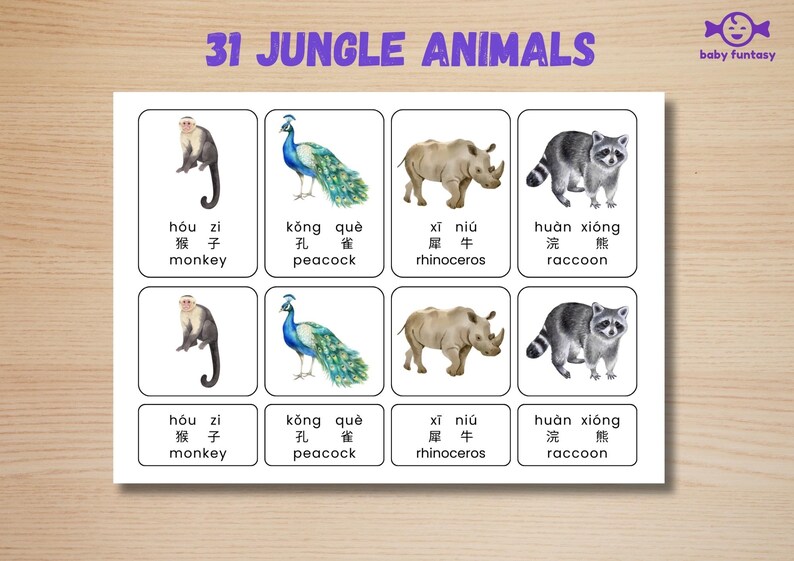 31 Jungle Animal Chinese Flashcard Montessori 3-part Cards, Bilingual ...