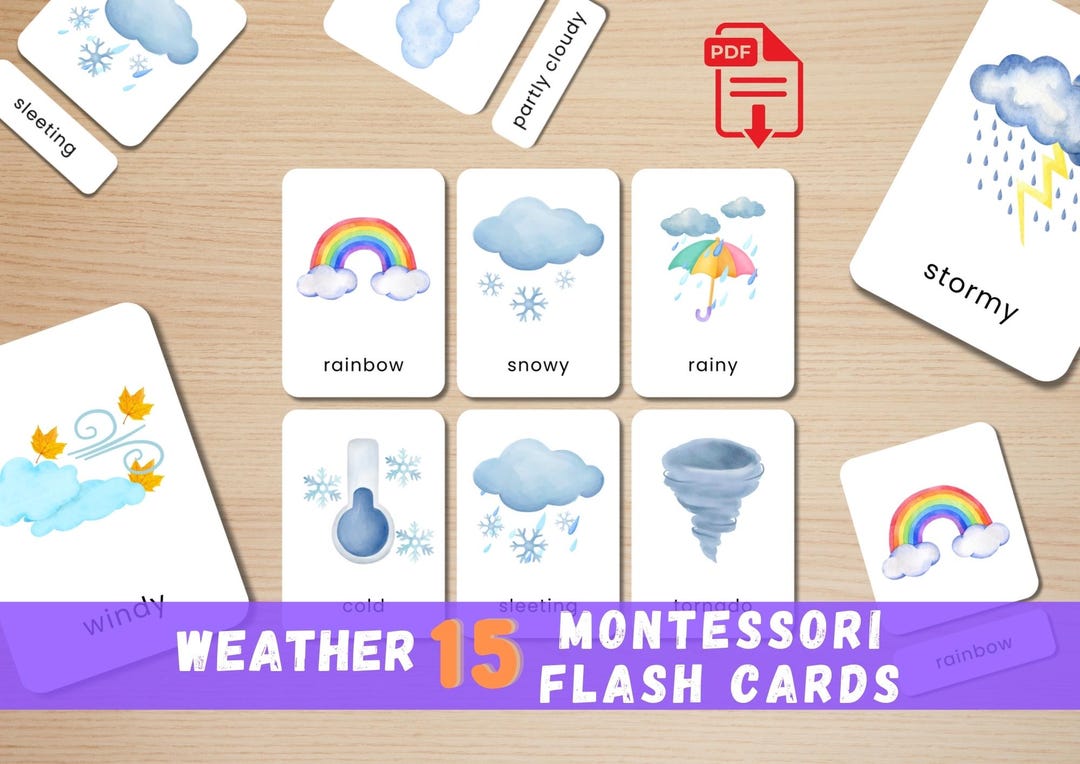 Watercolor Weather Flashcards: Montessori Learning Cards (digital ...