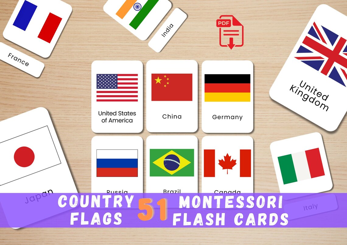 51 Country Flags Flash Cards: Montessori Preschool Printable (instant ...