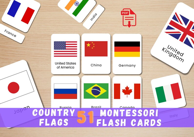 51 Country Flags Flash Cards Montessori Flash Cards Preschool Cards ...