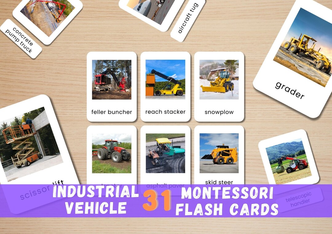 31 Industrial Vehicle Montessori Flashcards | Real Photo 3-part Cards ...