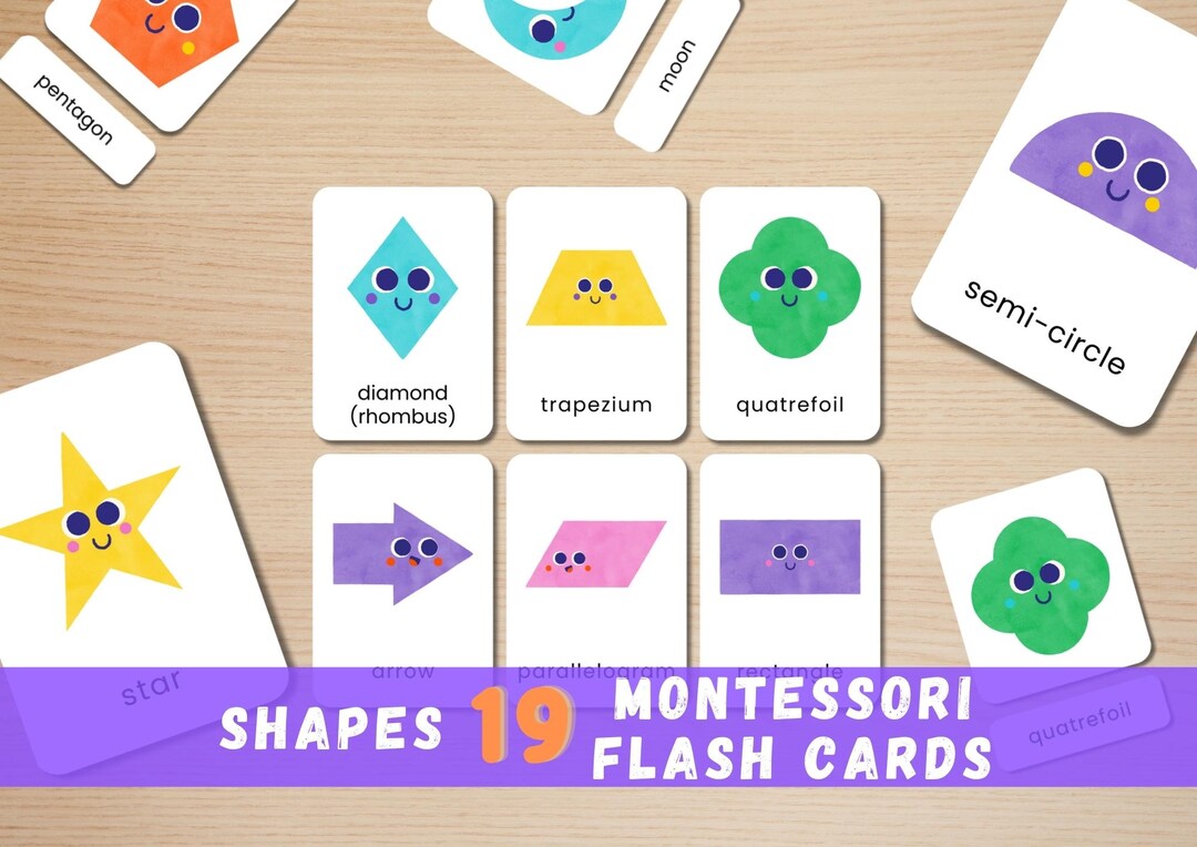Shapes Montessori Flashcards for Toddlers | 19 Hand-drawn Cute Shapes ...