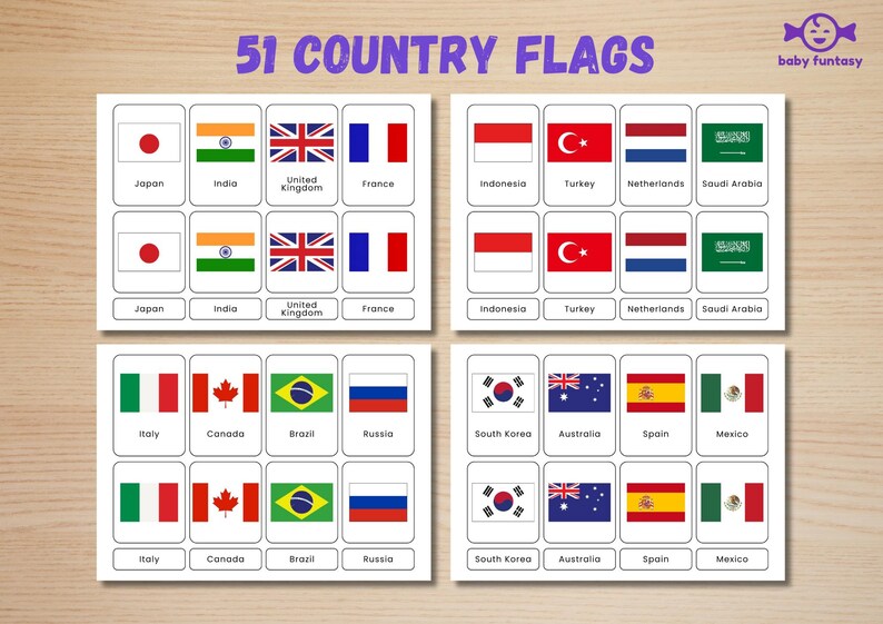 51 Country Flags Flash Cards: Montessori Preschool Printable (instant ...