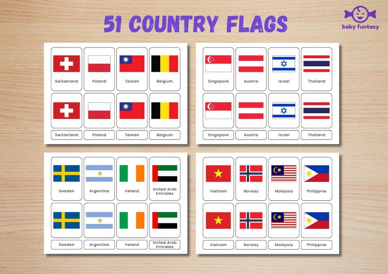 51 Country Flags Flash Cards: Montessori Preschool Printable (instant ...