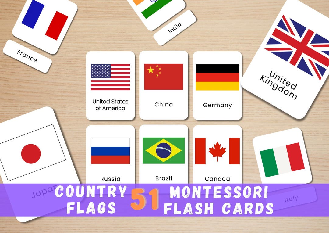 51 Country Flags Flash Cards Montessori Flash Cards Preschool Cards ...