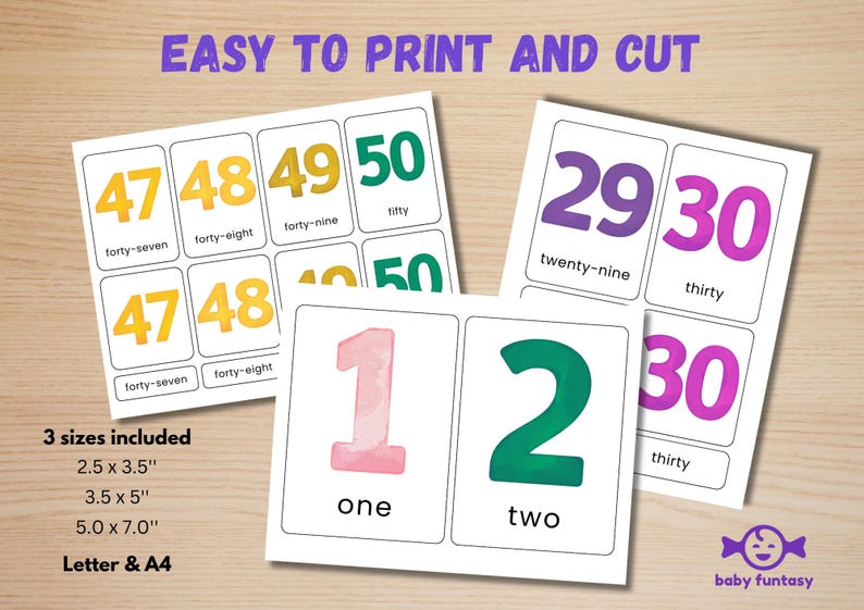 0-50 Number Flash Cards Montessori Printable Cards Homeschool Preschool ...