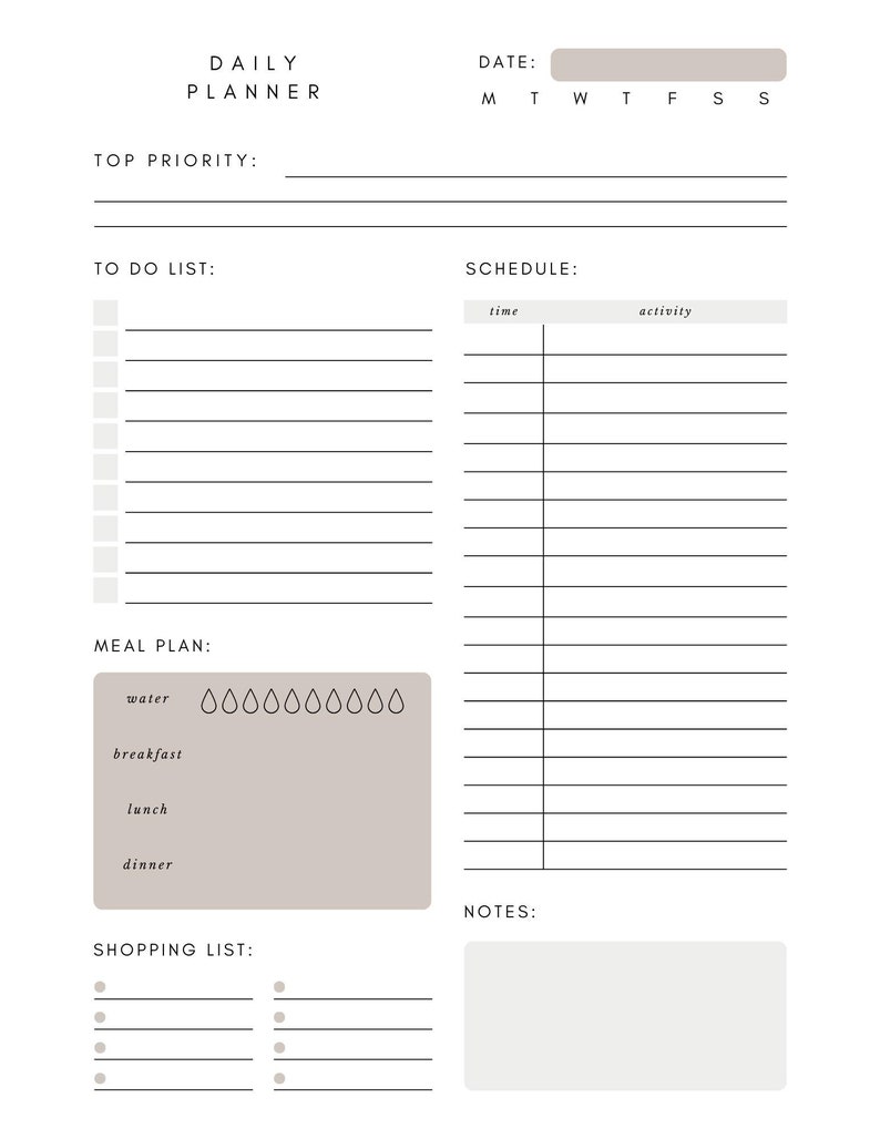 Daily Planner Page | Minimalist Printable Digital Download for ...