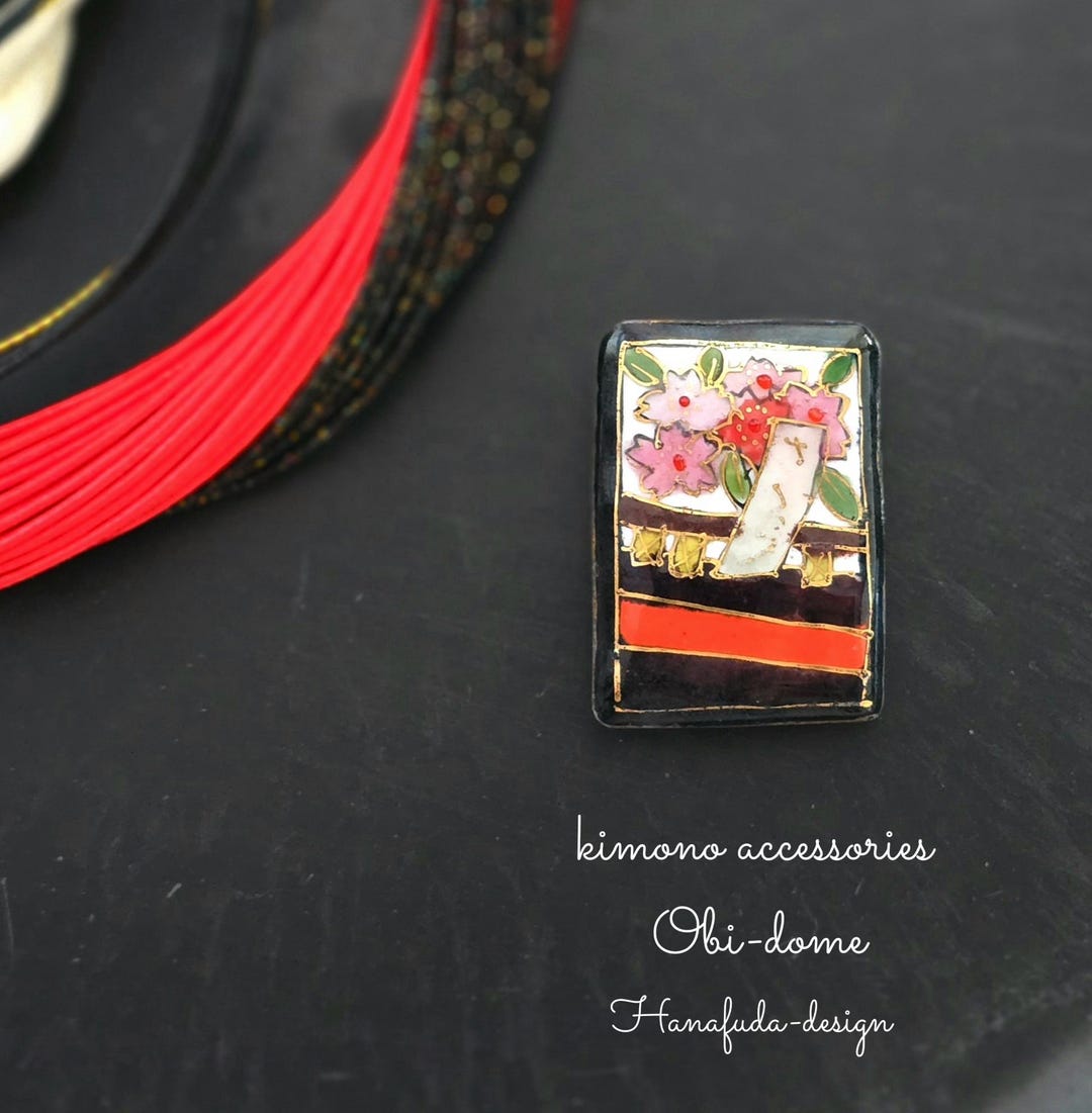 Hanafuda Design Japanese Handmade Kimono Obi‐dome | Japan Vintage ...