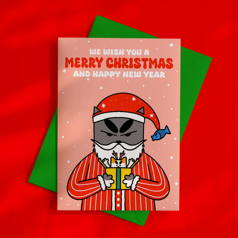 Funny Santa Cat Christmas Card, Holiday Greeting Printable Digital ...