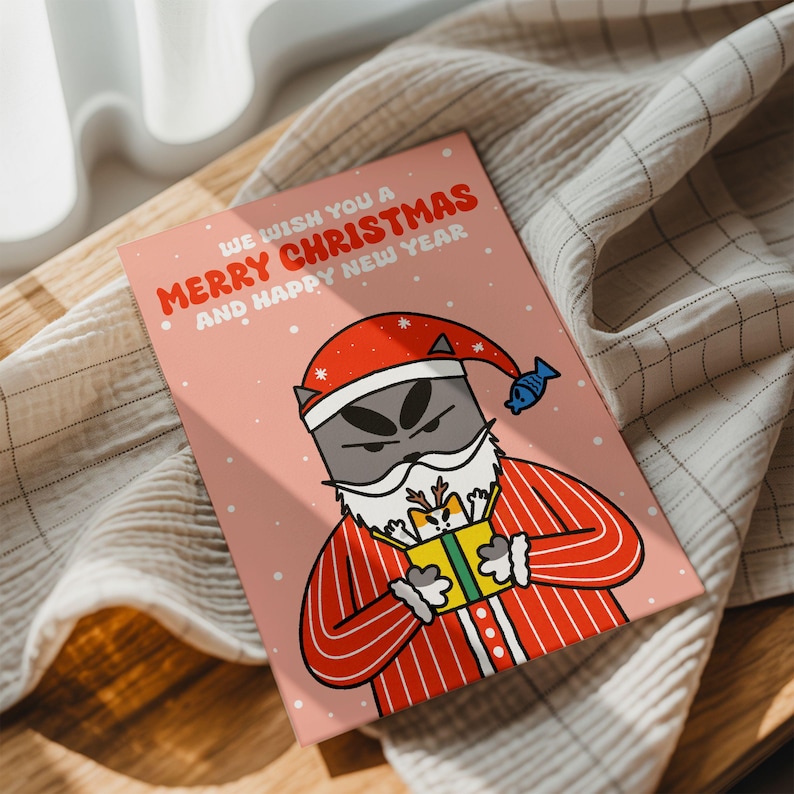 Funny Santa Cat Christmas Card, Holiday Greeting Printable Digital ...