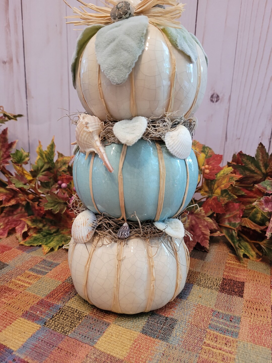 Beautiful Beachy Nautical Beige Ocean Blue Topiary Tree Pumpkin Fall ...