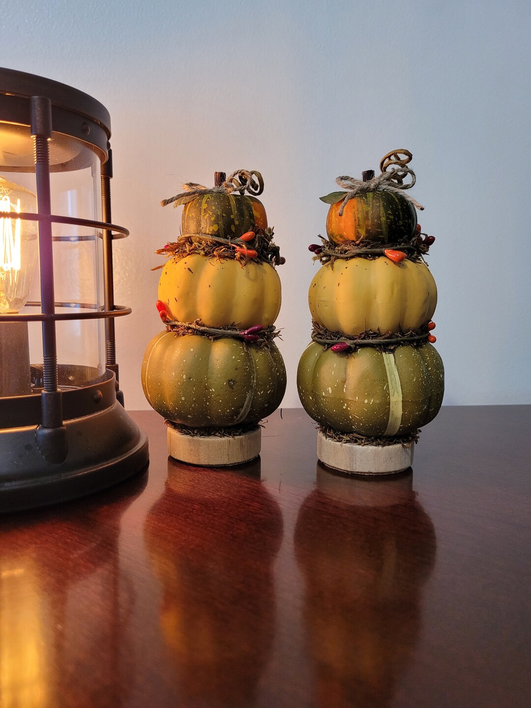 Adorable Topiary Pumpkin Stacked Decorations Green Yellow Orange Indoor ...