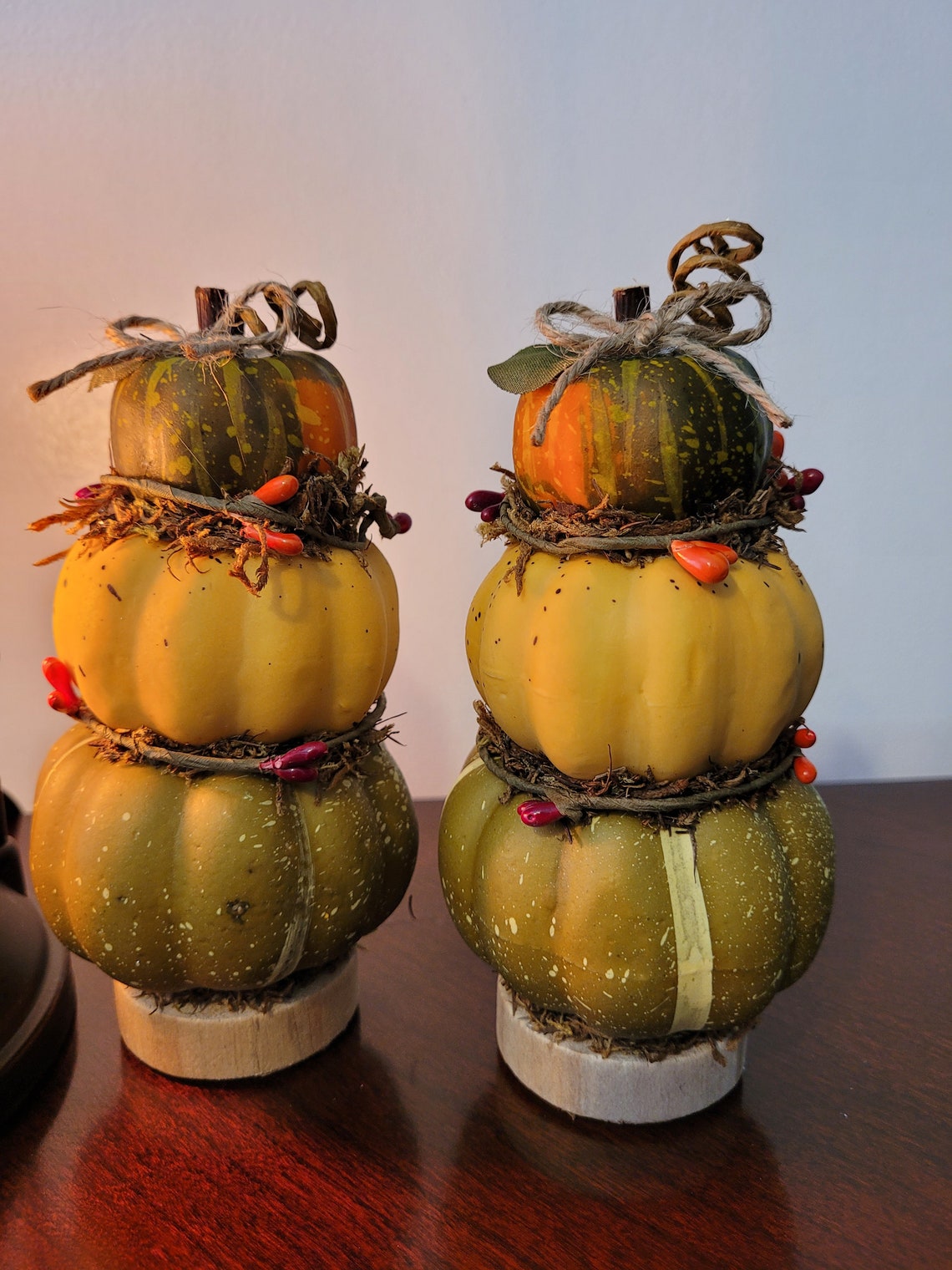 Adorable Topiary Pumpkin Stacked Decorations Green Yellow Orange Indoor ...
