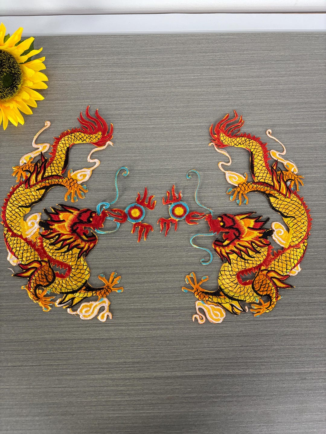 A Pair of Golden Dragon Embroidery Decals, Vintage Dragon Decals ...