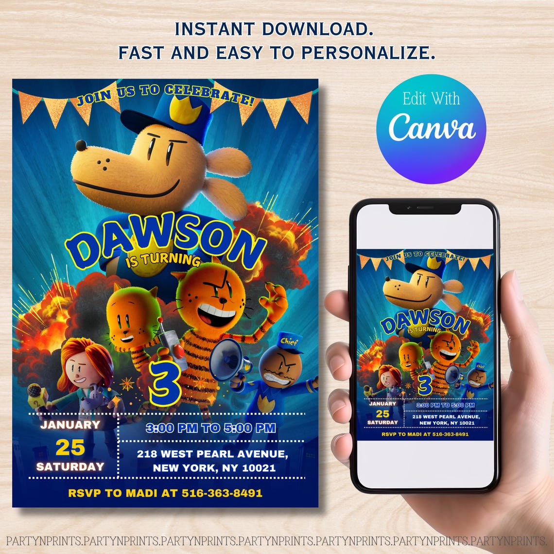 Editable Dog Man Birthday Invitation, Dog Man Invitation, Editable Kids ...