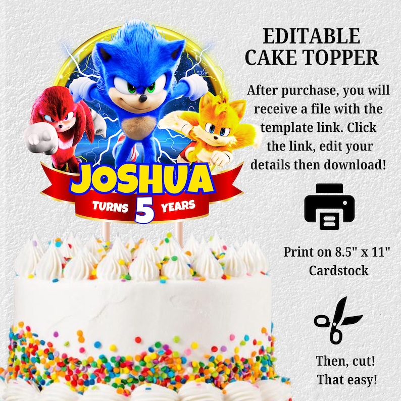 Editable Sonic Birthday Cake Topper, Custom Sonic Cake Topper, Sonic ...