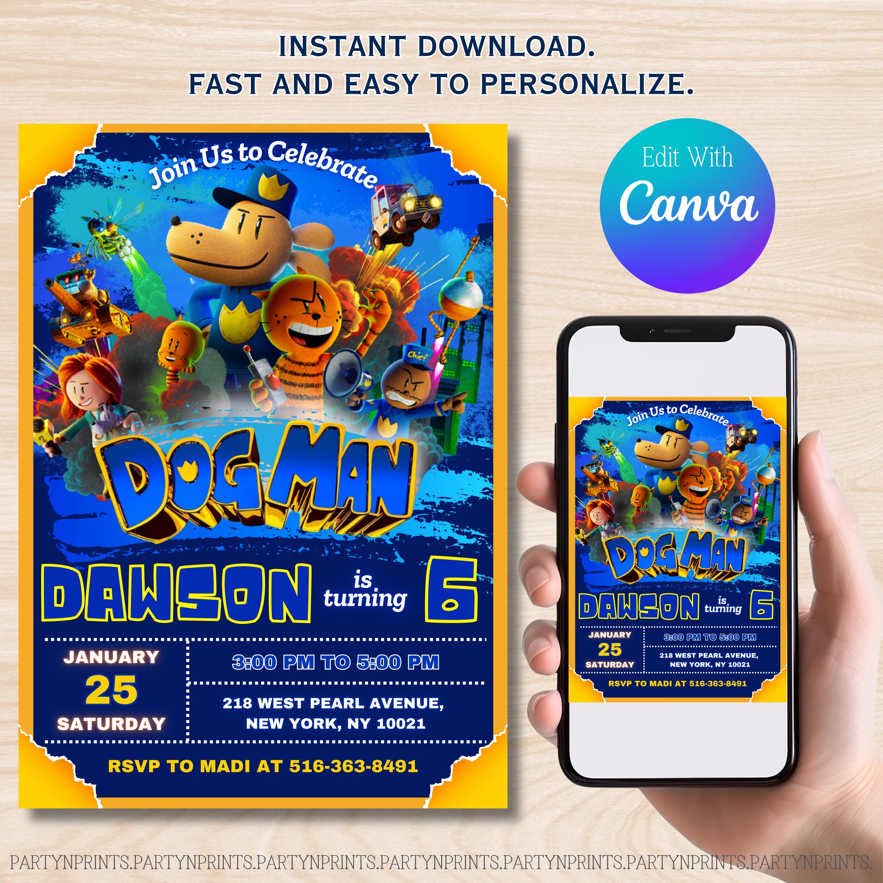 Editable Dog Man Birthday Invitation, Dog Man Invitation, Editable Kids ...