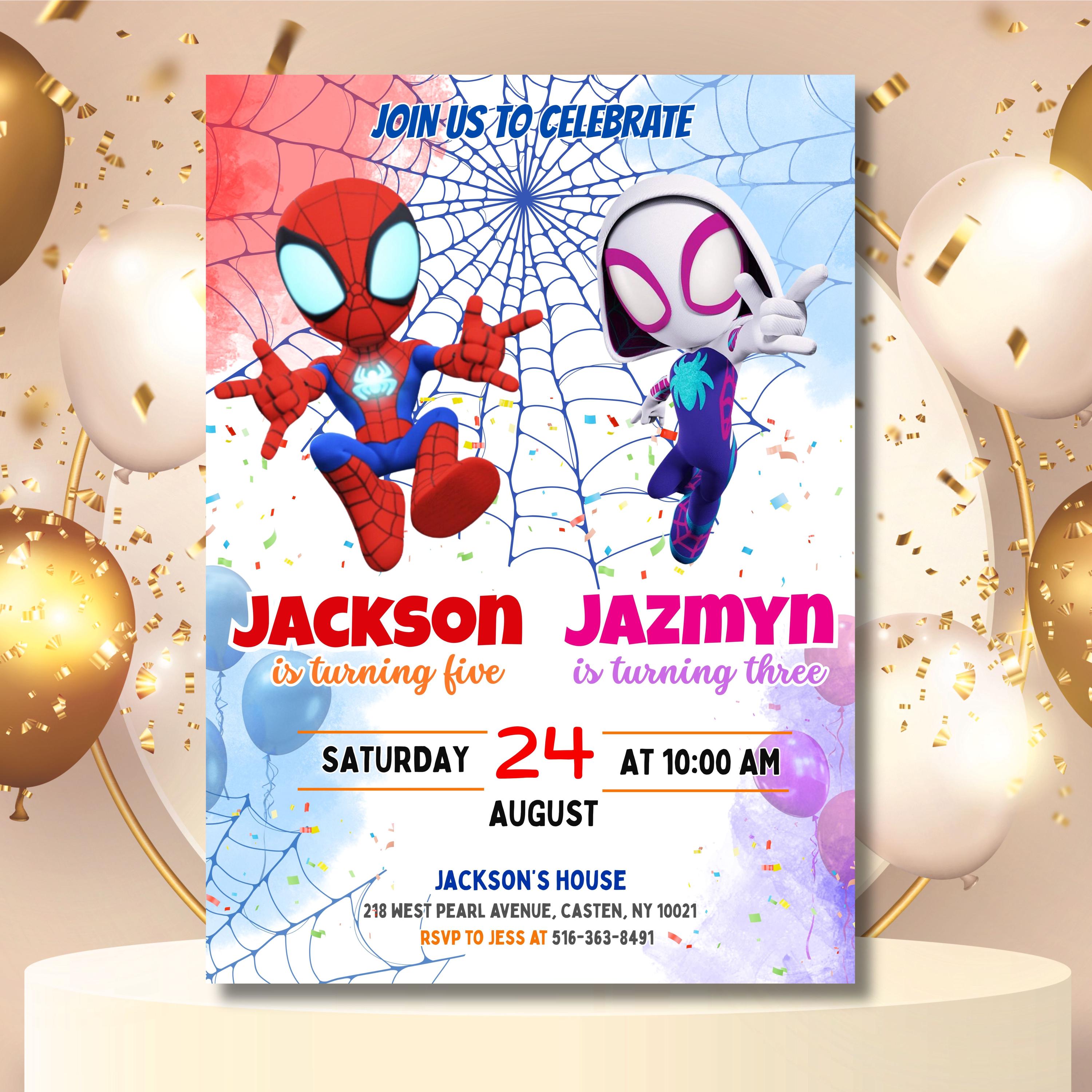 Editable Spidey Stacy Birthday Invitation, Spidey Kids Joint Birthday ...