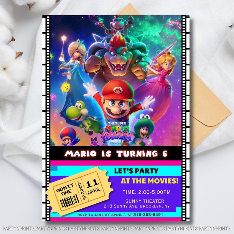 Editable Super Mario Galaxy Movie Ticket Birthday Party Invitation ...