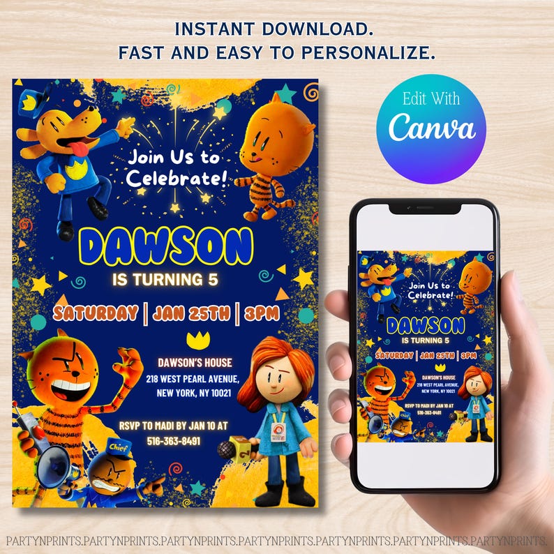 Editable Dog Man Birthday Invitation, Dog Man Invitation, Editable Kids ...