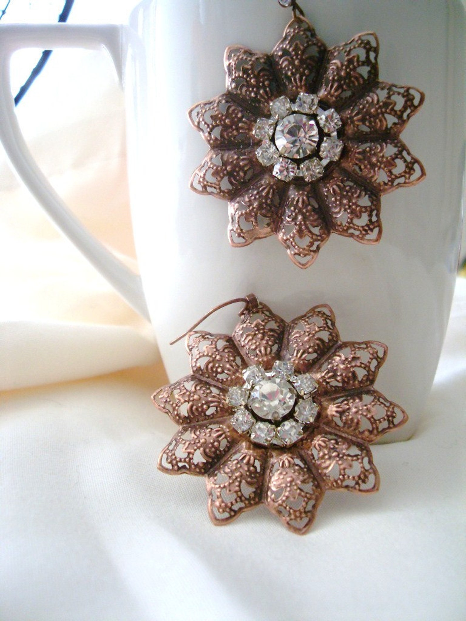 Antiqued Copper Filigree Flower Earrings with Rhinestones | Etsy