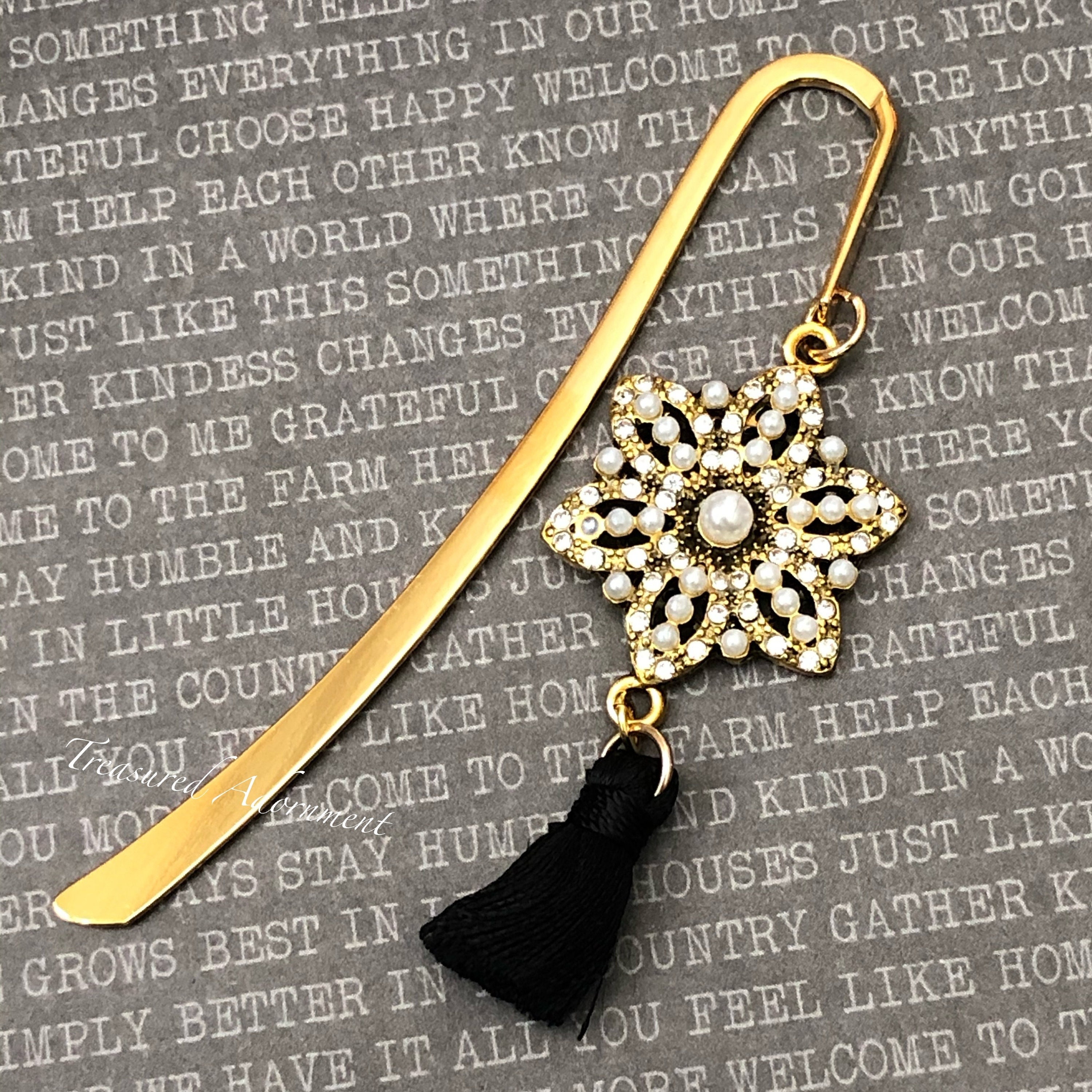 Bookmark Pearl Flower Bookmark Round Charm Black Tassel | Etsy