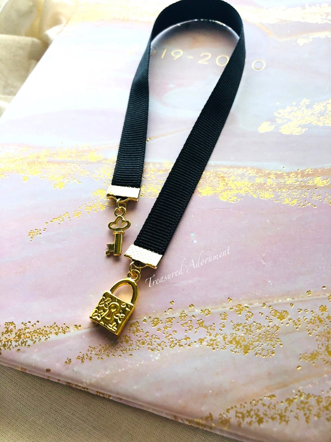 Bookmark, Golden Key and Lock Charms Ribbon Bookmark, Black Ribbon ...