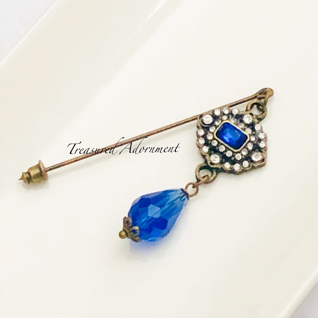 Hijab Pin, Blue Teardrop Crystal Dangle Hijab Pin, Antiqued Brass ...