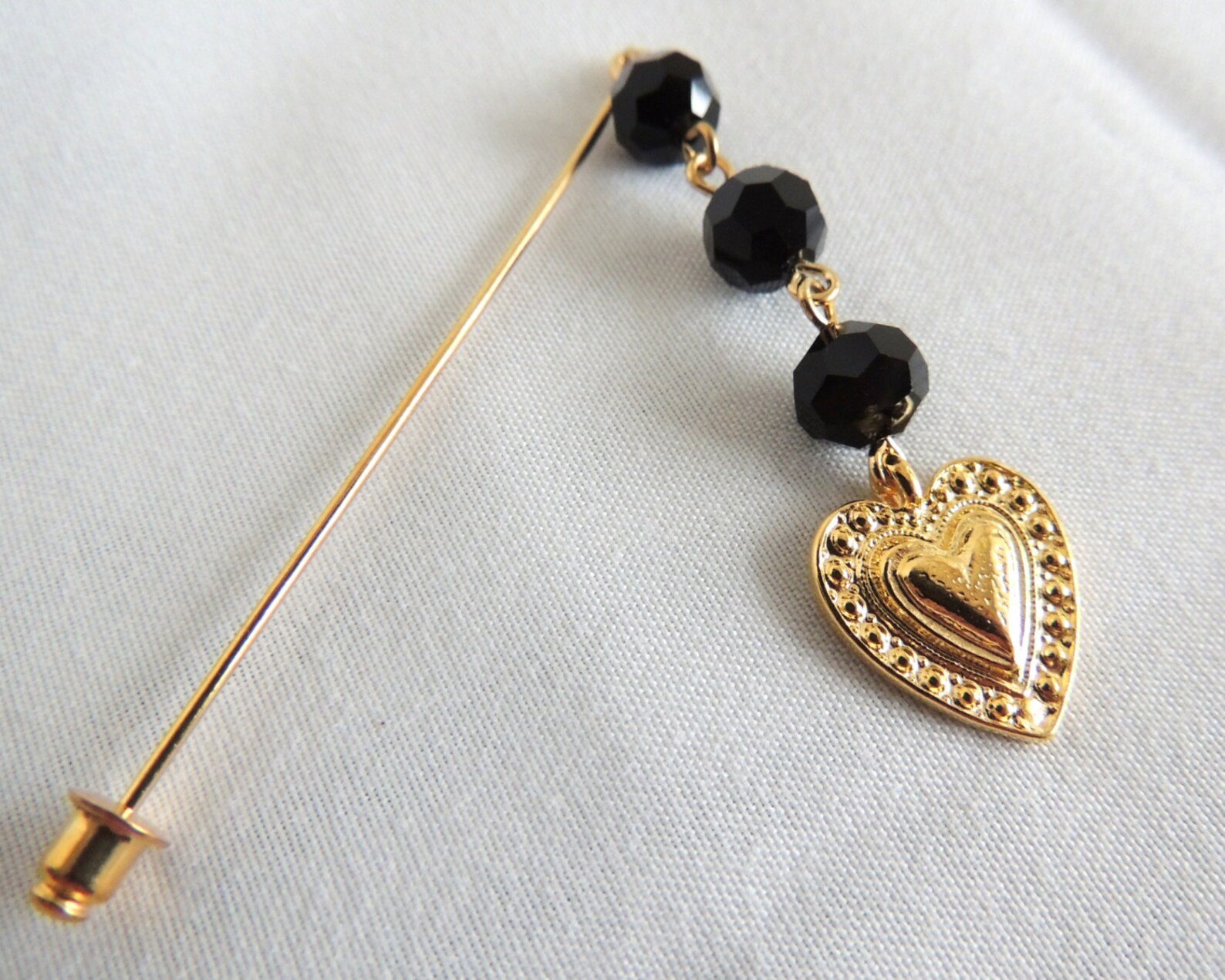 Hijab Pin Gold Heart and Black Crystals Dangle Shawl Pin - Etsy