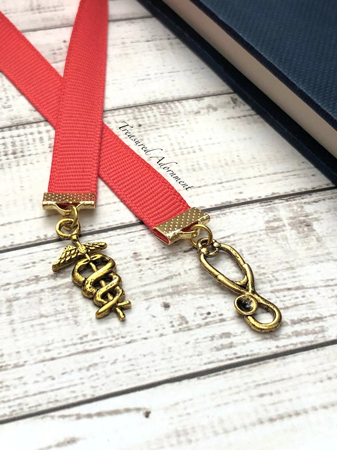 Bookmark, Stethoscope Bookmark, Gold Charms, Coral Ribbon Bookmark ...