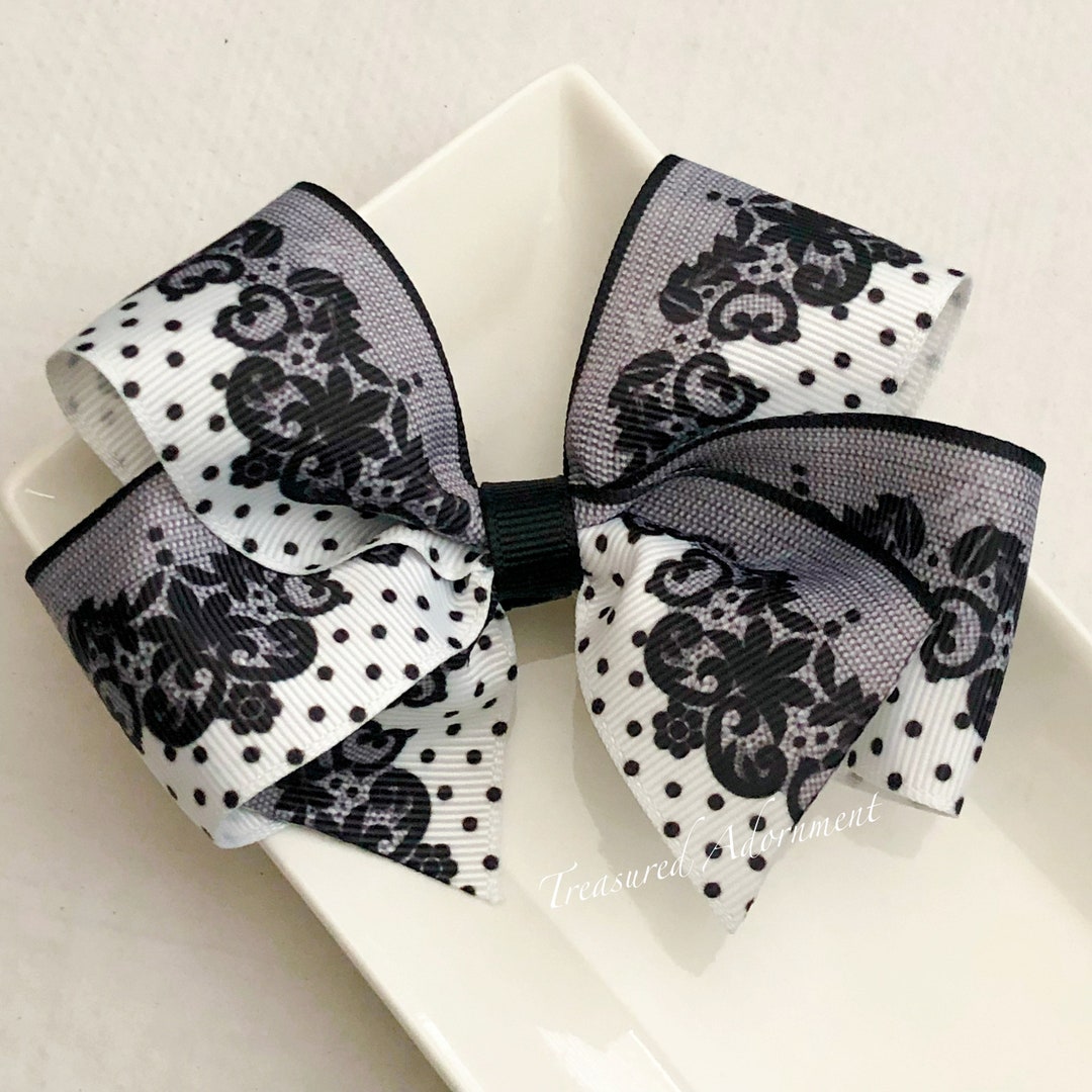 Hair Bow, White and Black Lace Print, 4 Inch, Boutique Bow, Baby ...