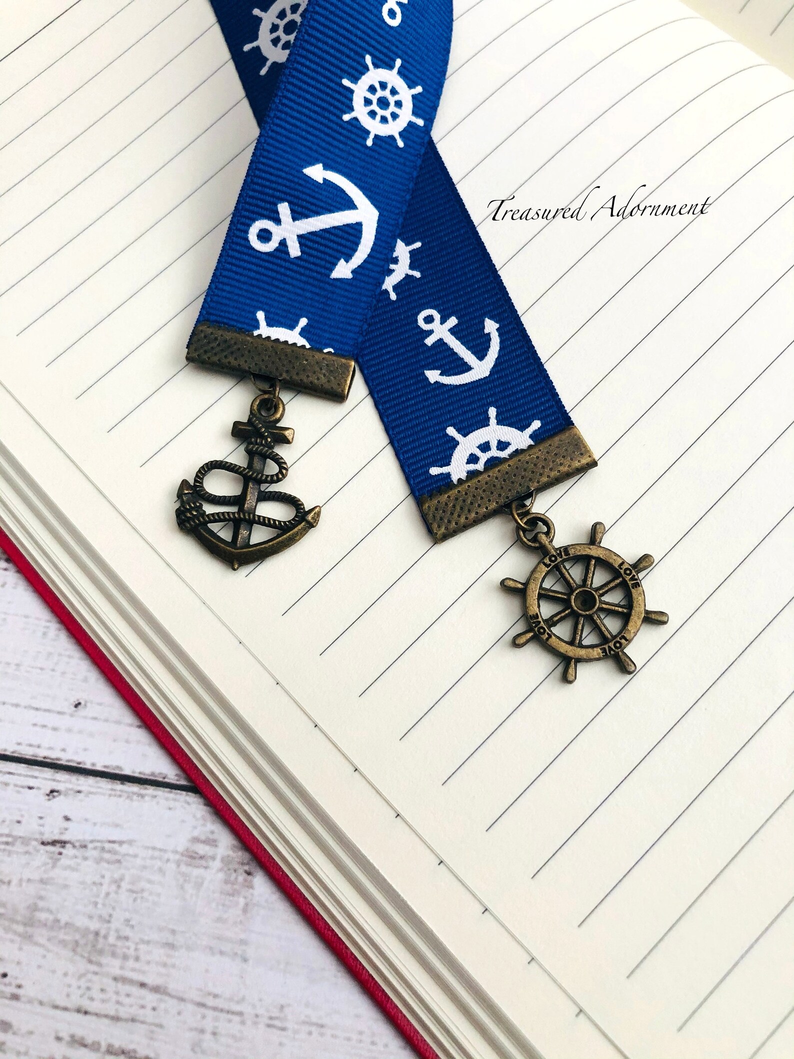 Bookmark Nautical Bookmark Marine Anchor and wheel charms | Etsy