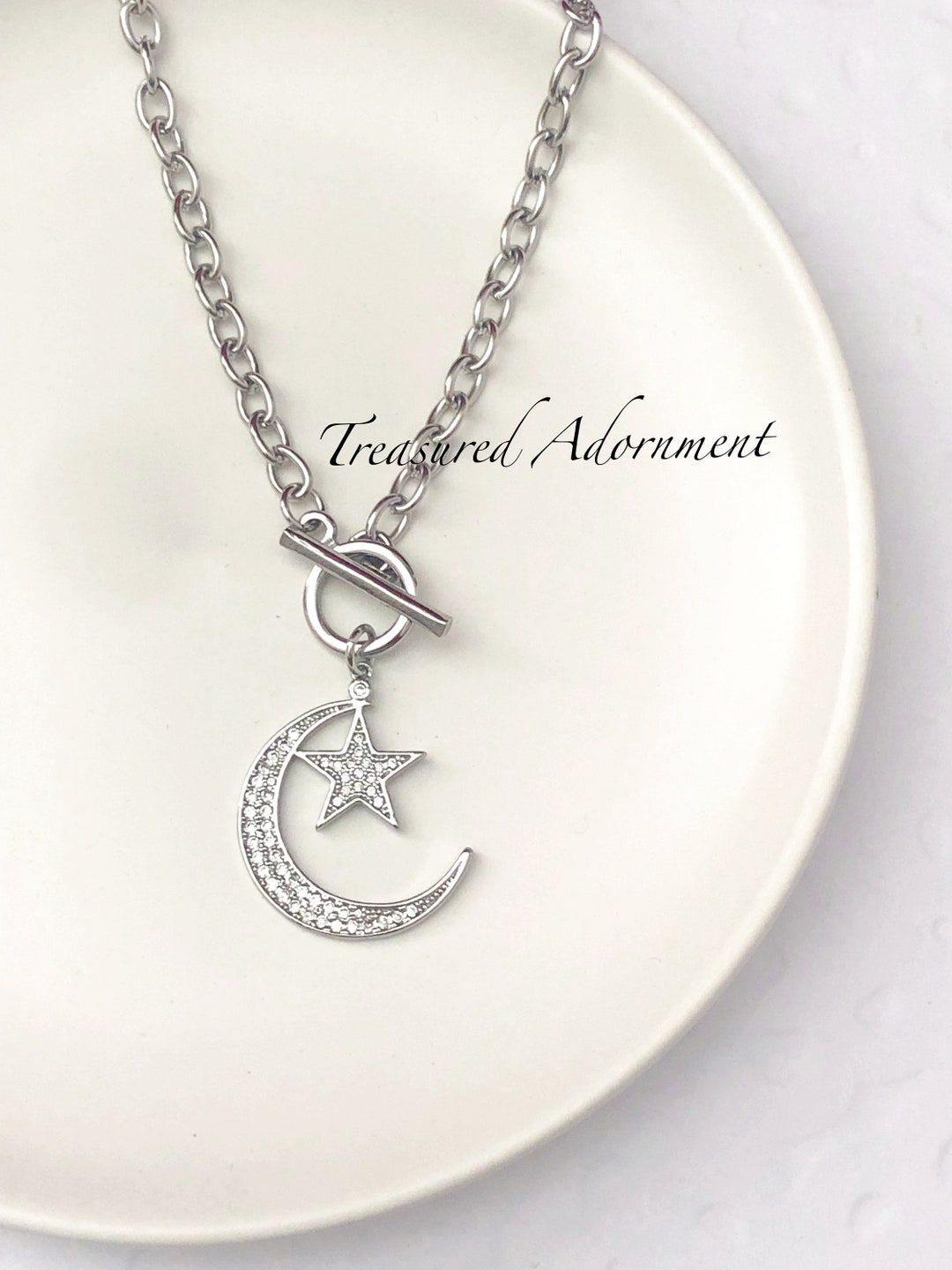 Moon Toggle Necklace, Crescent Moon and Star, Cubic Zirconia, Stainless ...