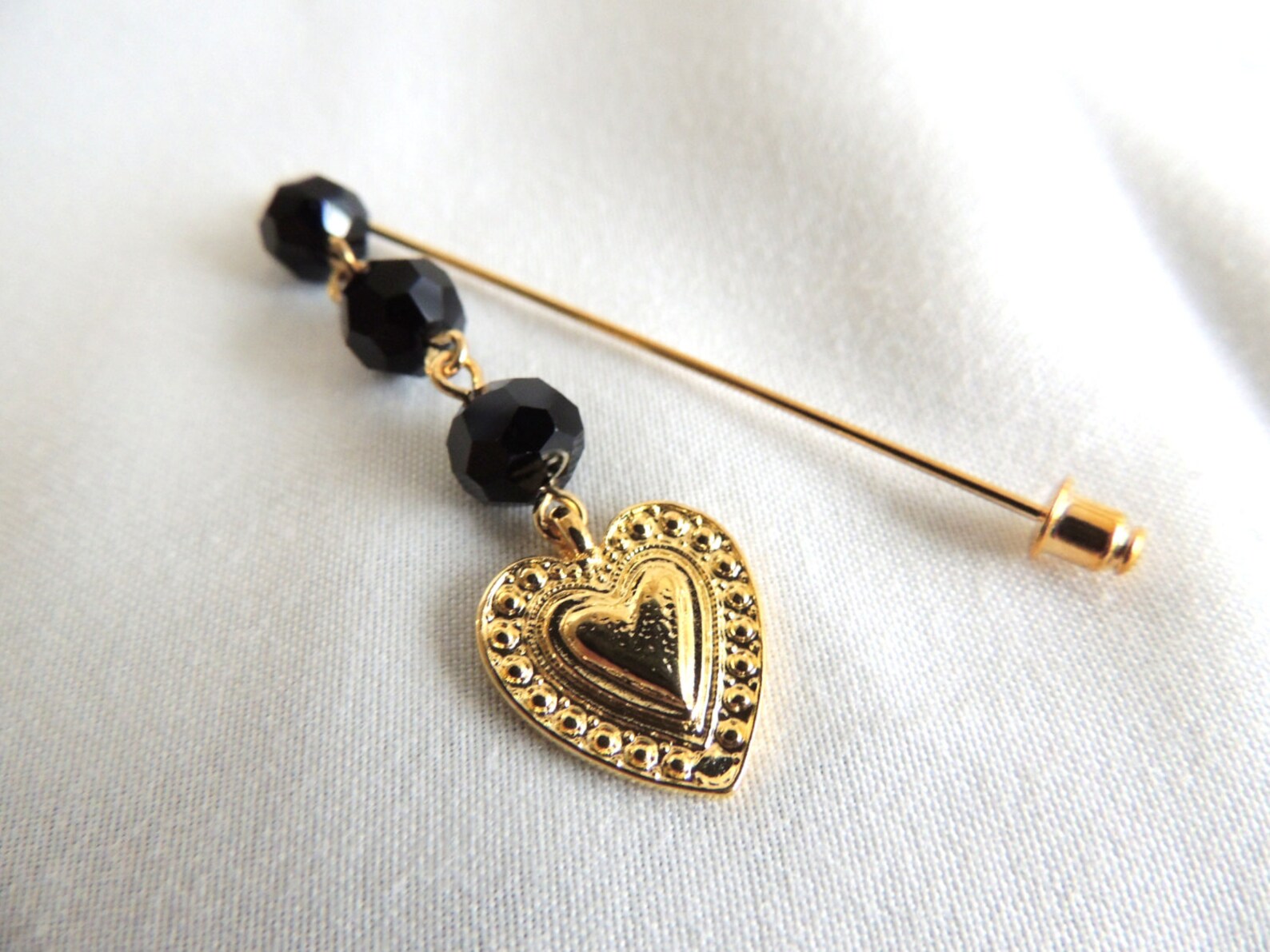 Hijab Pin Gold Heart and Black Crystals Dangle Shawl Pin - Etsy