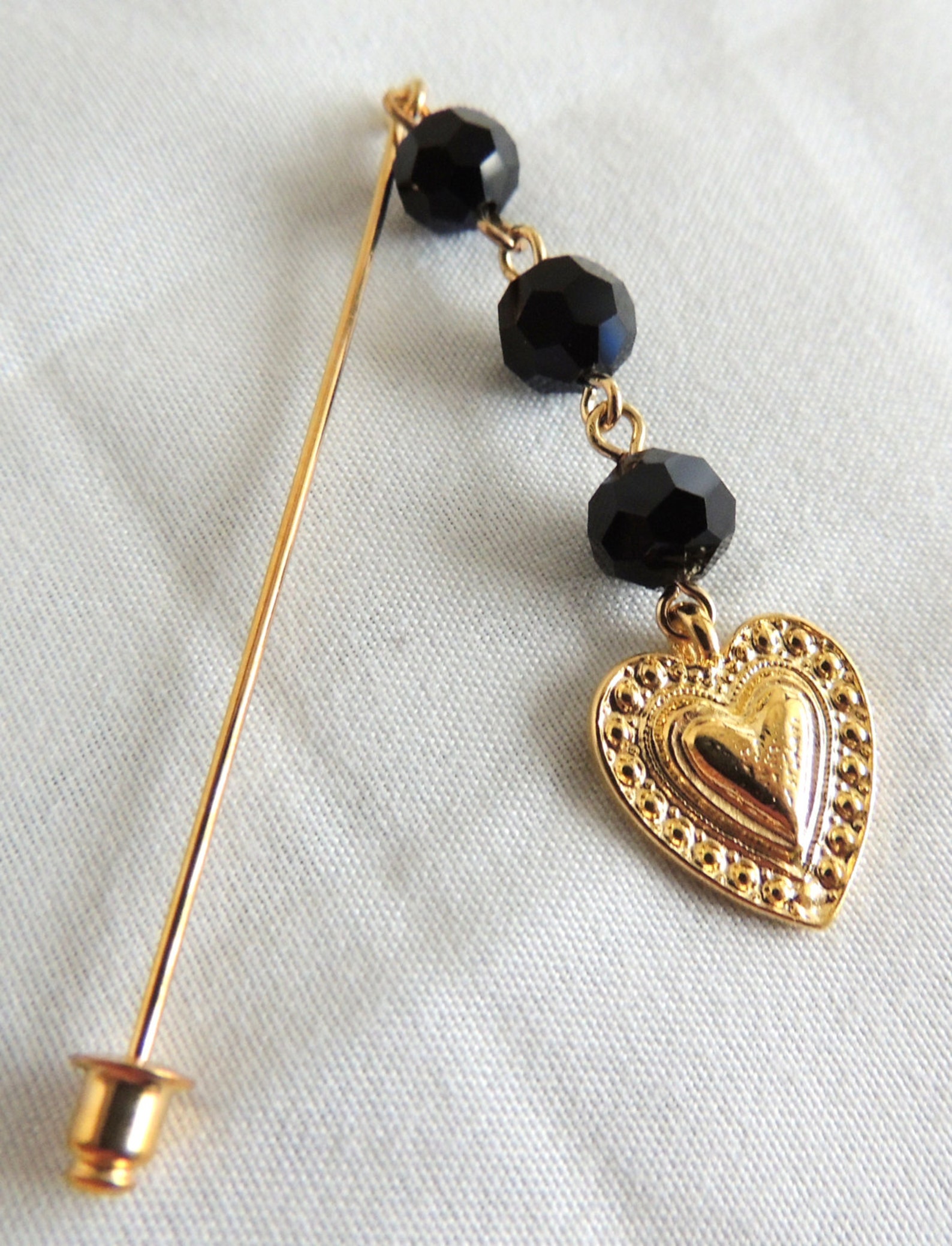 Hijab Pin Gold Heart and Black Crystals Dangle Shawl Pin - Etsy