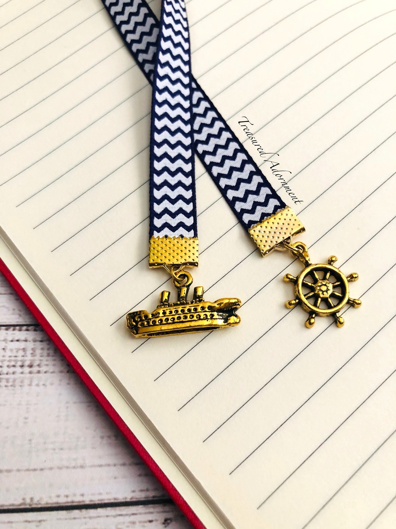 Bookmark Cruise Ship Bookmark Antiqued Gold Navy Chevron | Etsy