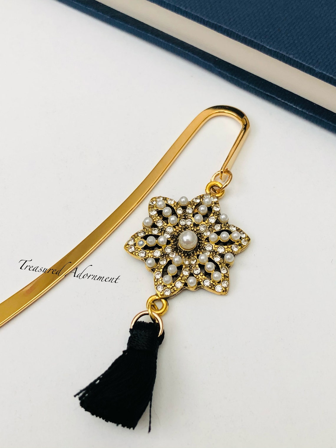 Bookmark Pearl Flower Bookmark Round Charm Black Tassel - Etsy