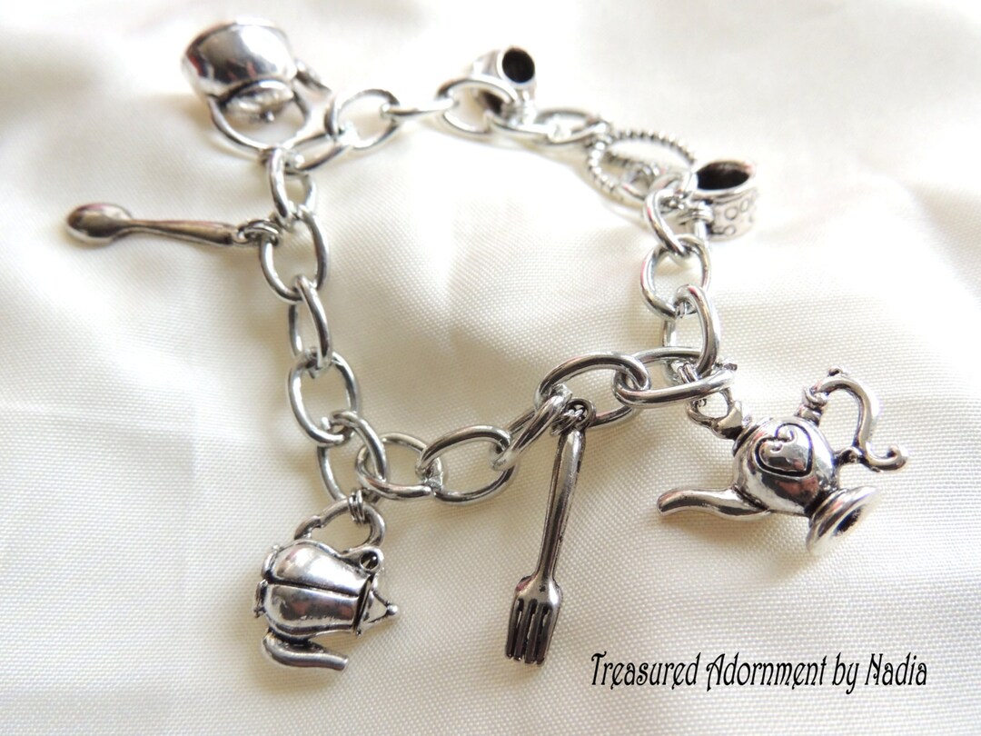 Tea Party Charm Bracelet, Food Charm Bracelet, Silver, Chef, Spoon Fork ...