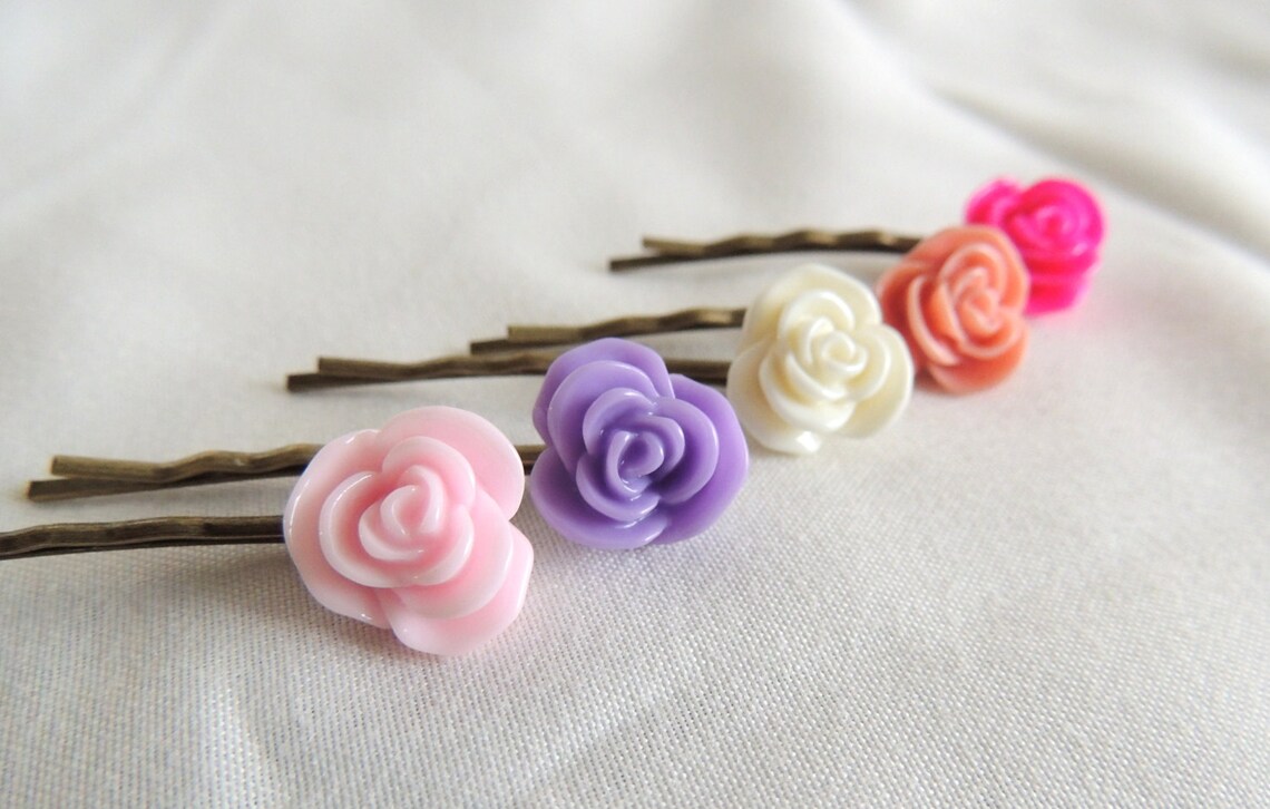 Petite Rose Flower Bobby Pins Set of 5 Antiqued Brass Rose | Etsy