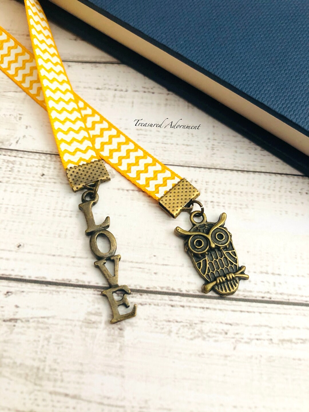 Bookmark, Owl Bookmark, Vintage Style Bookmark, Yellow Chevron Ribbon ...