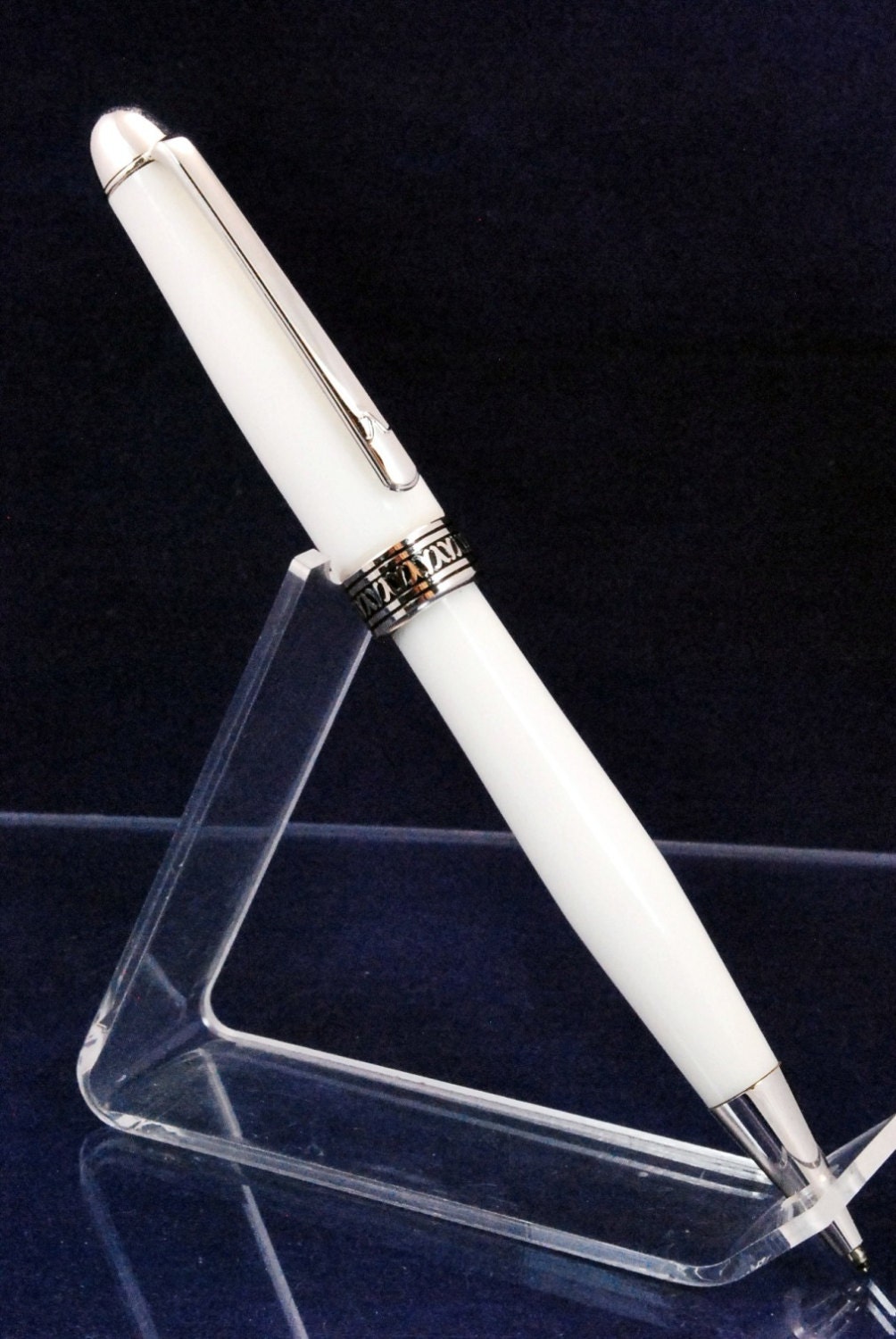 Ballpoint Twist Pen Handmade White Acrylic, Rhodium Trim, Dome Top ...