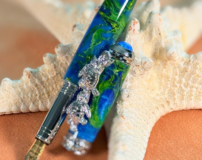 Sea Turtles Fountain Pen - Ocean Mist Acrylic & Chrome Trim - Luxury ...