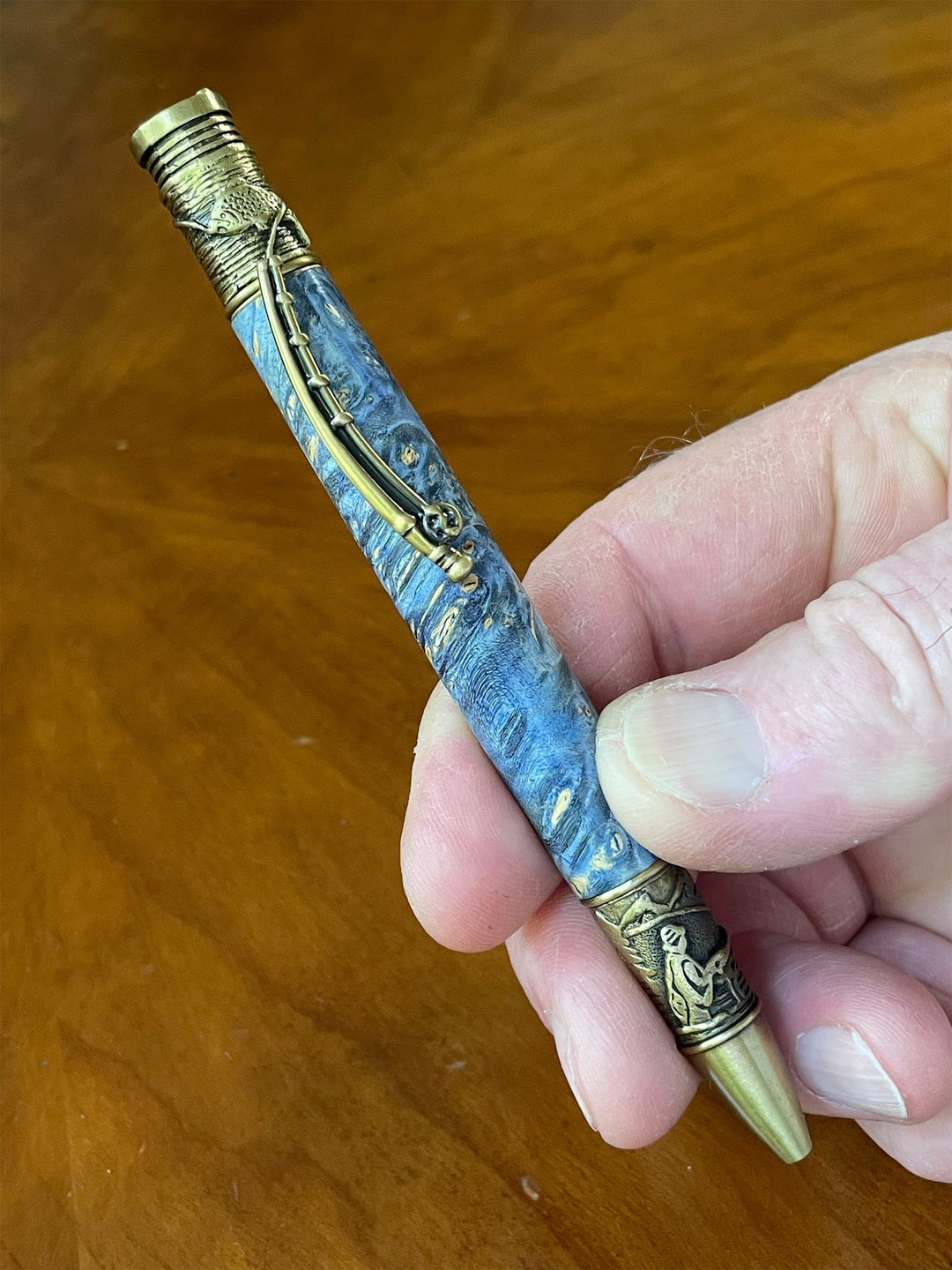 Fish-on Handmade Fly Fishing Pen antique Brass blue Buckeye Burlwood by ASH Woodshops the ...