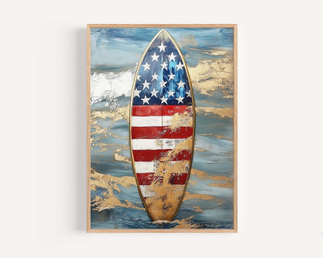 American Flag Surfboard Art Print: Patriotic Beach House Decor - Etsy